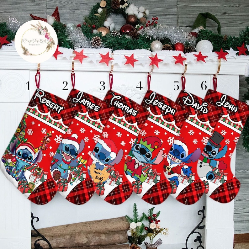 Personalized Stitch Christmas Stockings, Buffalo Plaid Disney Christmas ...