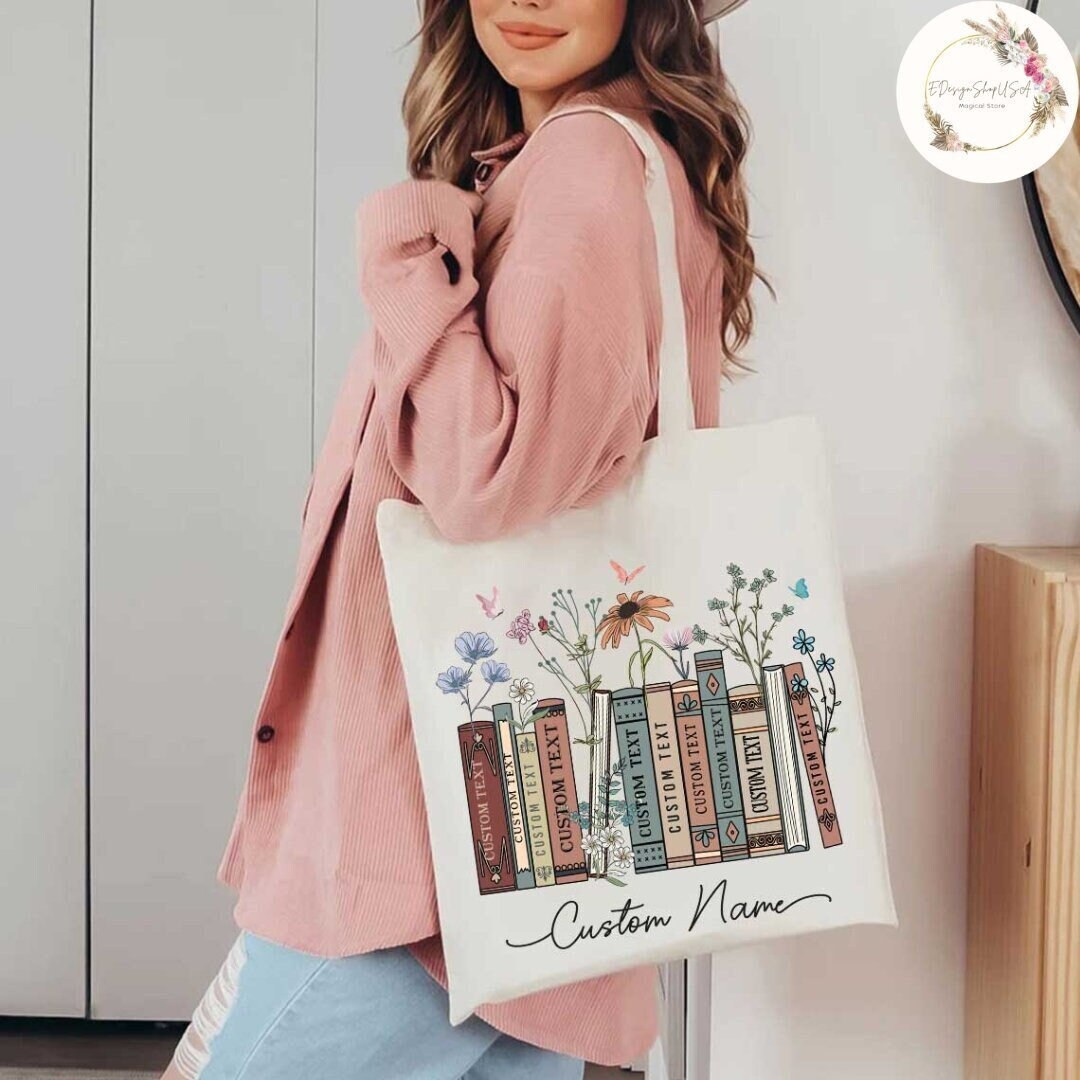 Custom Books & Name Library Canvas Tote Bag, Personalized Floral ...