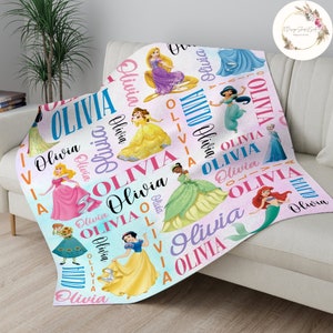 Personalized Watercolor Disney Princess Blanket, Custom Name Baby Girl ...