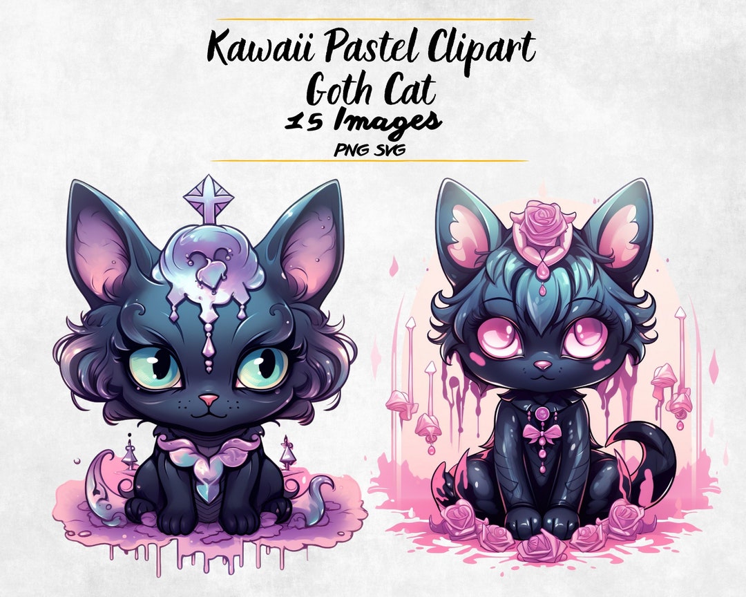 Kawaii Pastel Goth Cat Clipart, Cute Gothic Kitten Illustrations, Dark ...