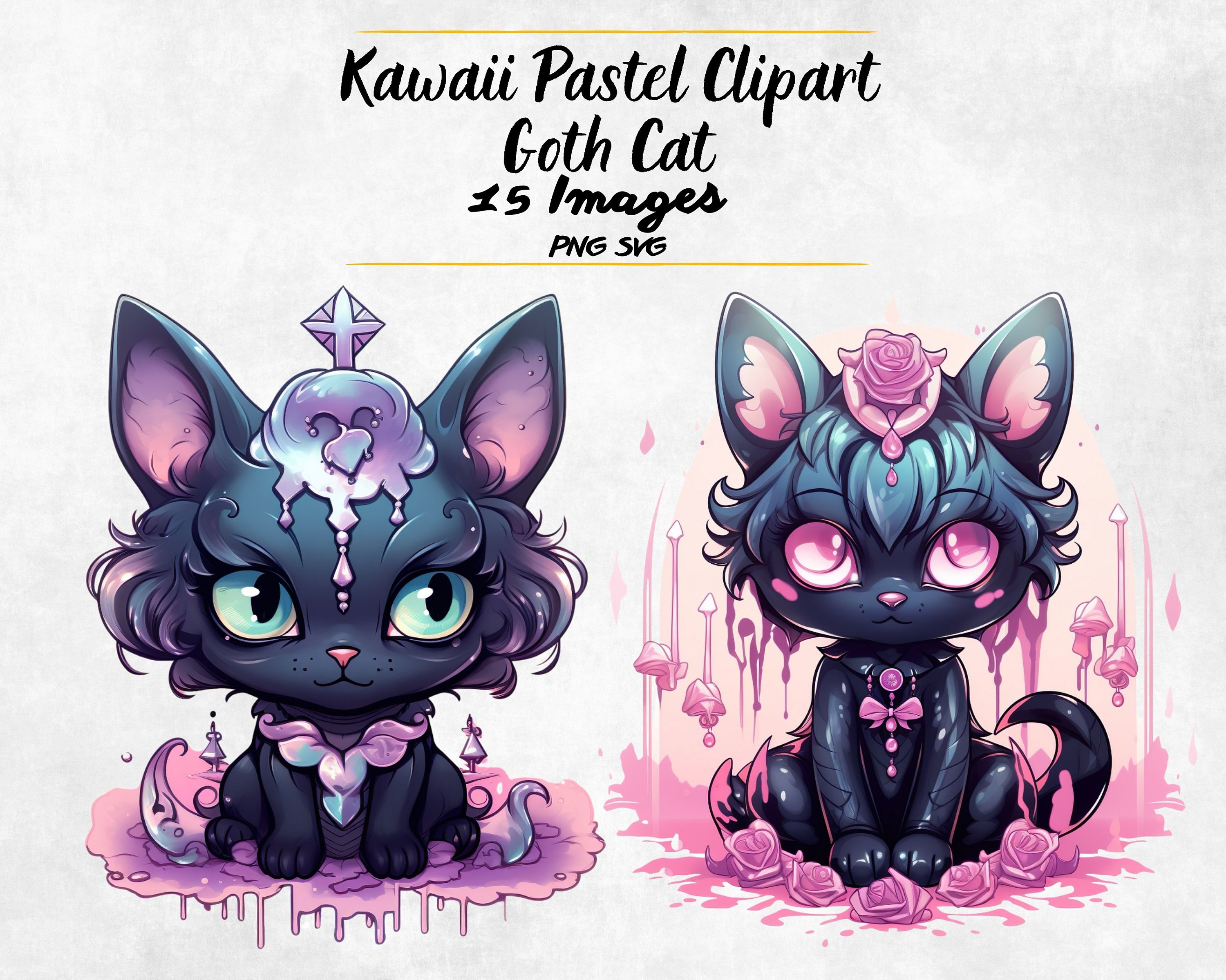 Kawaii Pastel Goth Cat Clipart, Cute Gothic Kitten Illustrations, Dark ...