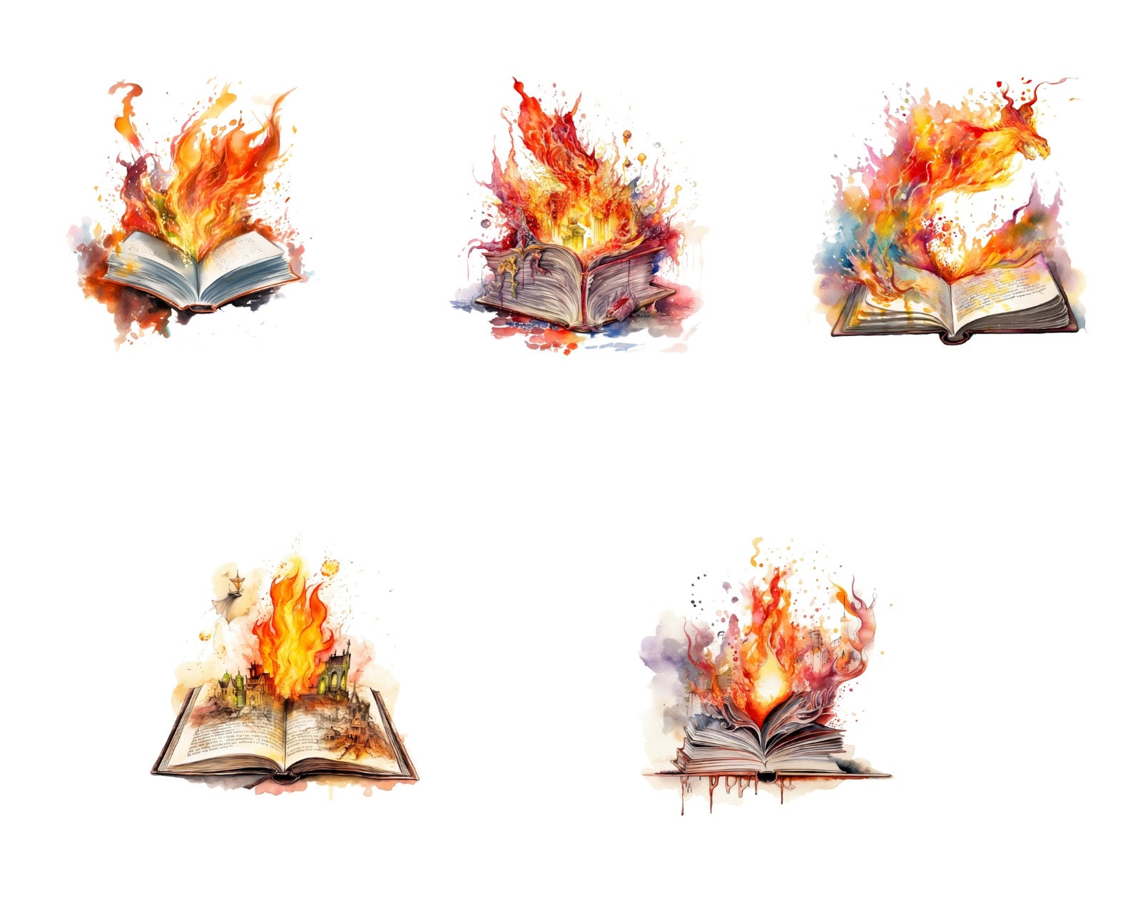 20 PNG Burning Books Fantasy Clipart Bundle, Open Magic Books on Fire ...