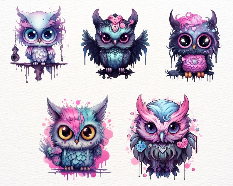 Kawaii Pastel Goth Owl Clipart - Cute Emo Owls Digital Art, Whimsical ...