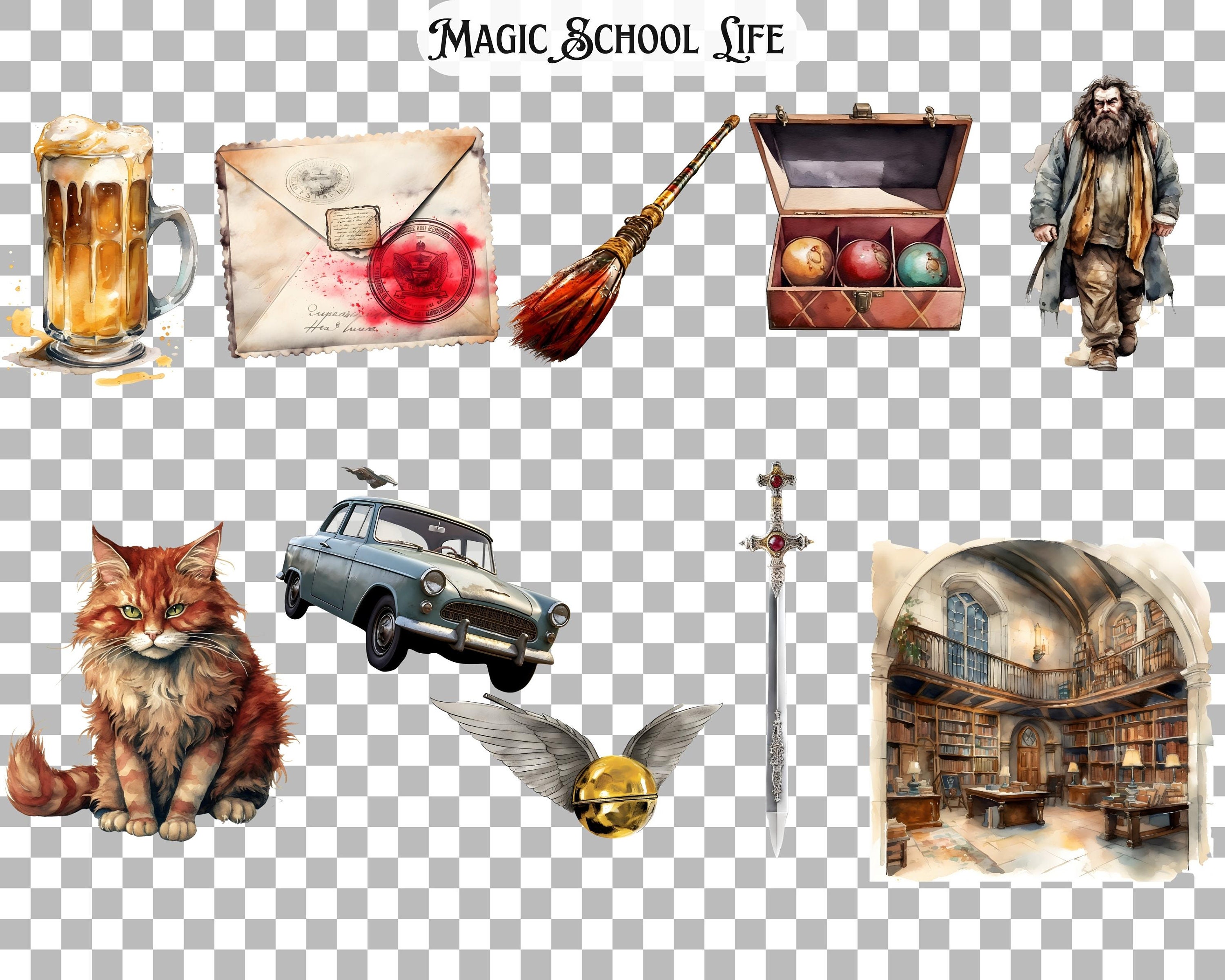 Magic School Watercolor Clipart, Magic Items Watercolor Clipart, Wizard ...
