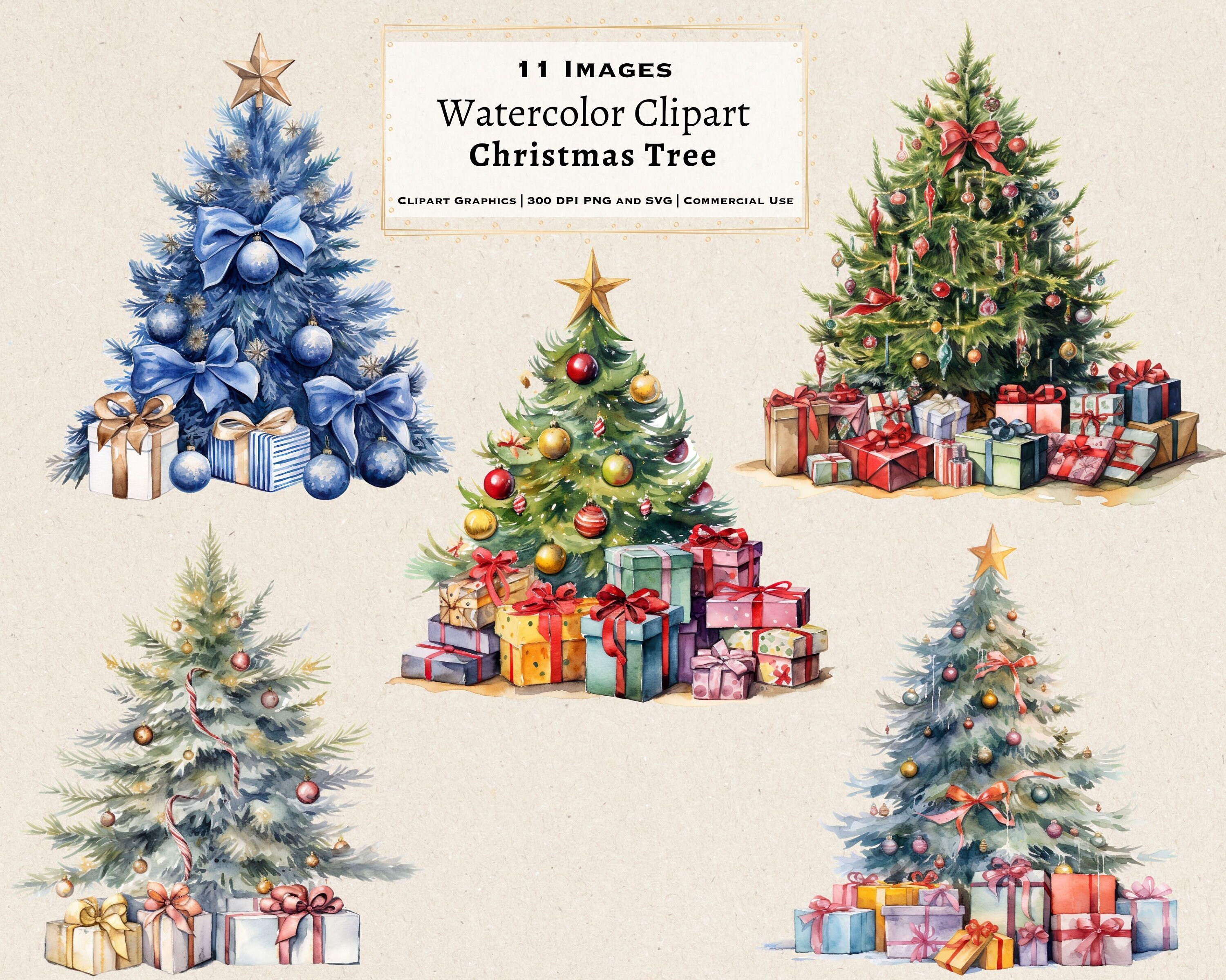 Christmas Tree Clipart Bundle 11 Images, Watercolor Pine Tree Clipart ...