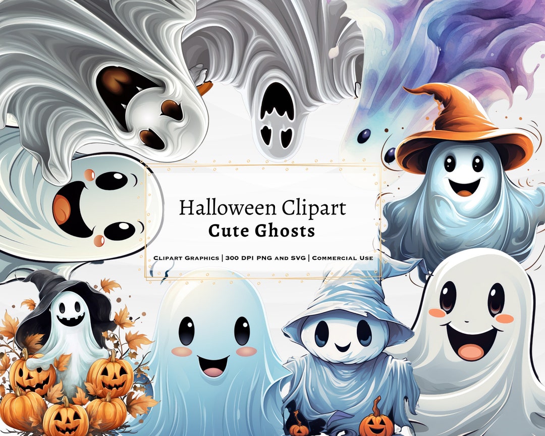 Cute Ghosts Watercolor Clipart, Spooky Ghosts Watercolor Clipart ...