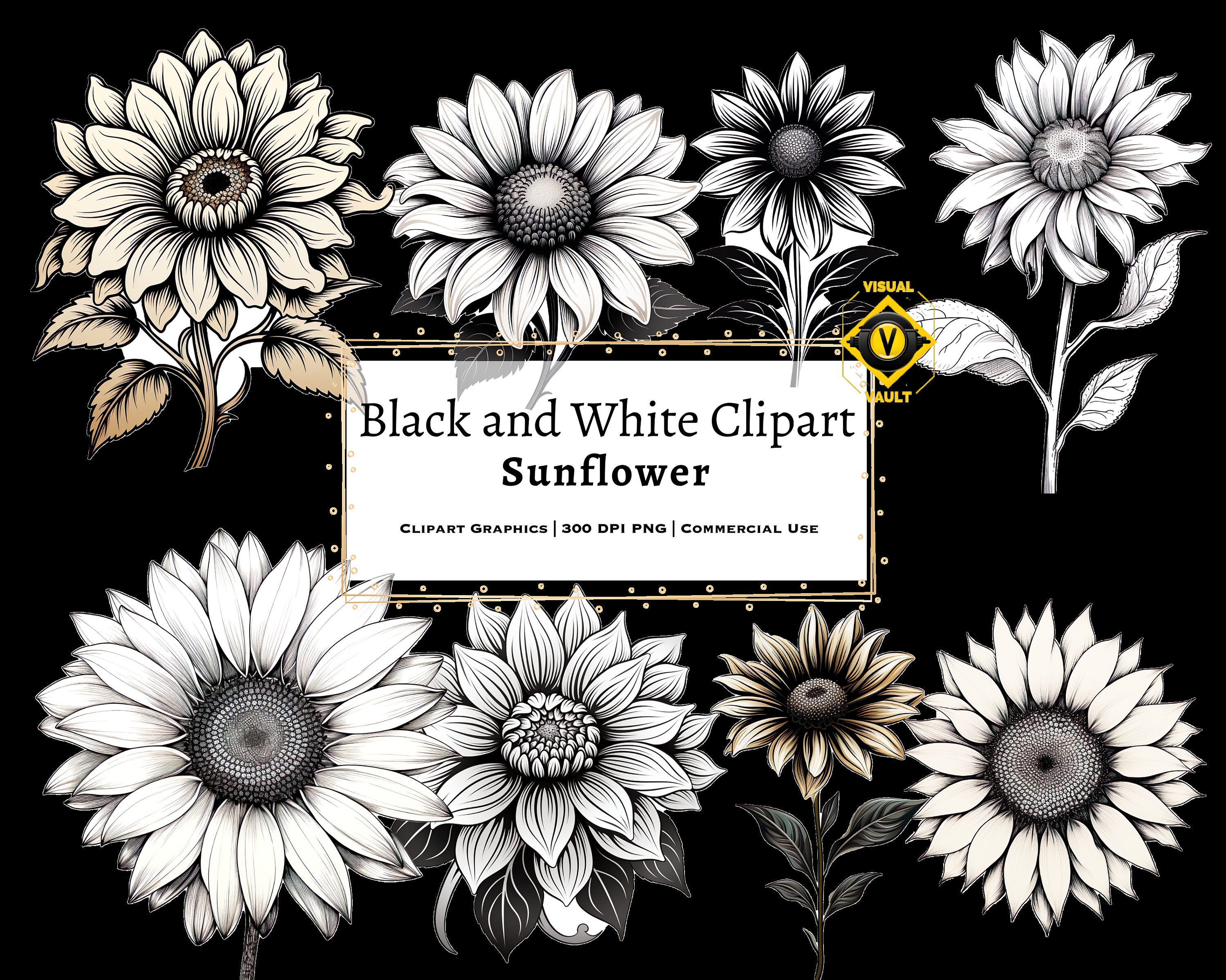 20 Sunflower Clipart Bundle, Sunflower SVG Clipart Black and White for ...
