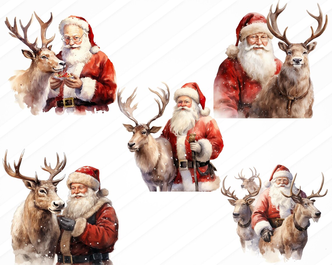 Santa With Reindeer Clipart Christmas Clipart Santa Claus - Etsy