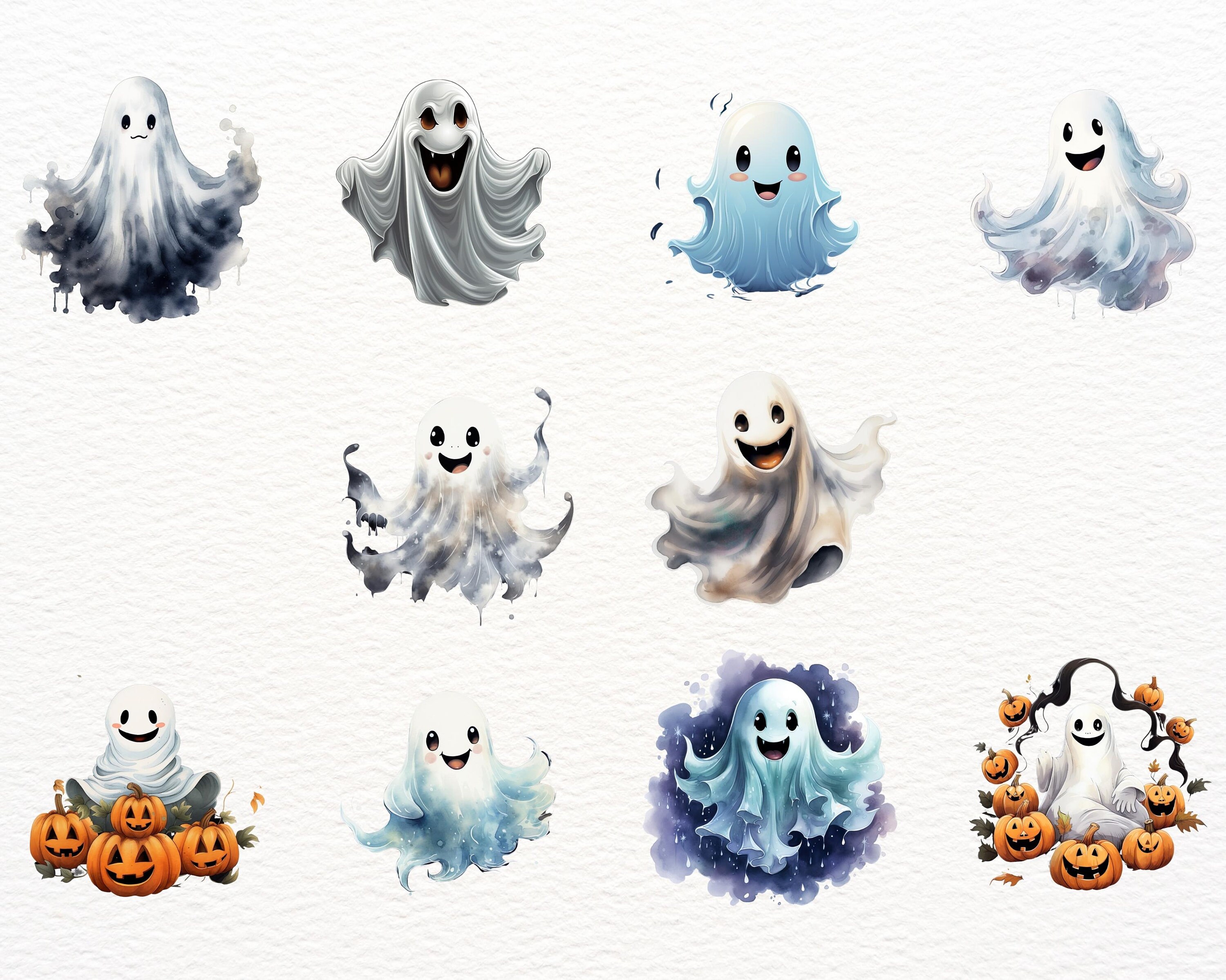 Cute Ghosts Watercolor Clipart, Spooky Ghosts Watercolor Clipart ...