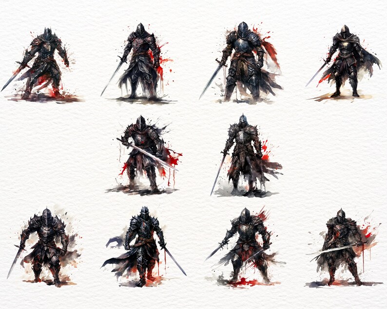 Black Knight Watercolor Clipart - Blood-splattered Knight - Sword ...
