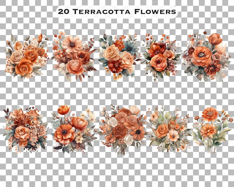 Terracotta Floral Clipart Pack, Terracotta Flowers Clipart, Terracotta ...