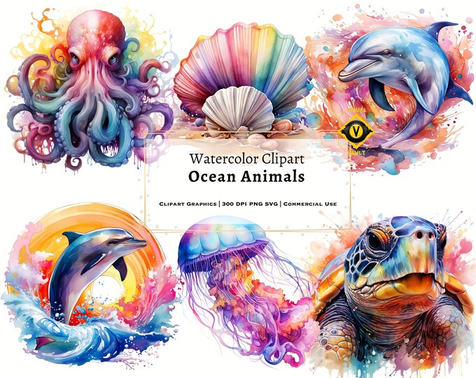 Sea Animals Clipart, Cute Ocean Animals Clipart, Nautical, Watercolor ...