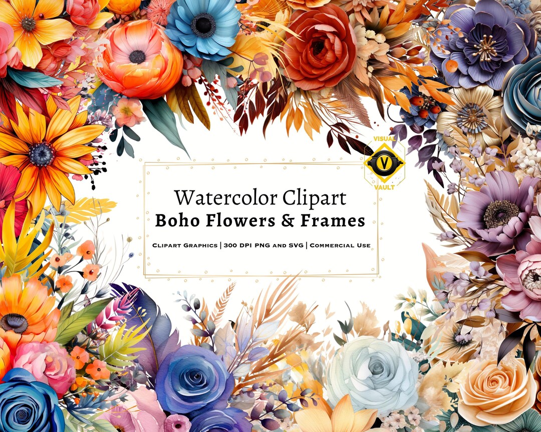 Colorful Boho Flowers Watercolor Clipart, Boho Flowers PNG, Watercolor ...