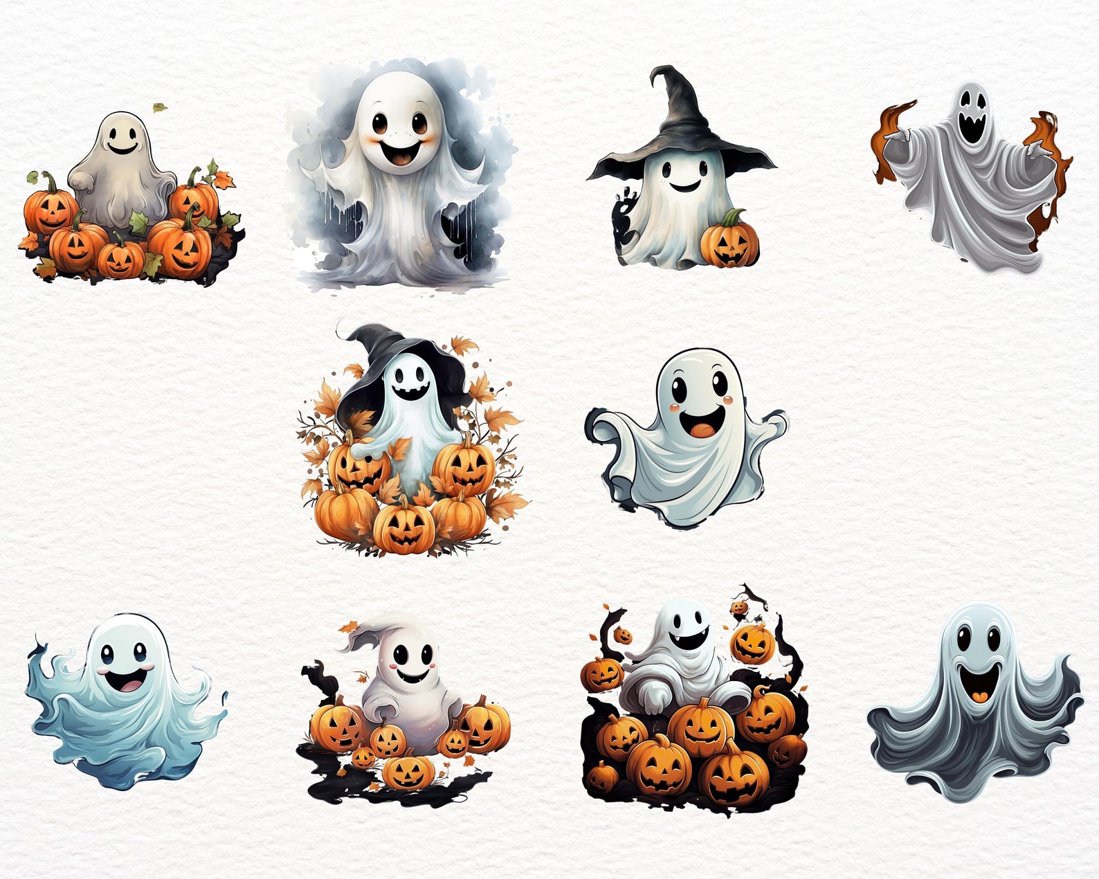 Cute Ghosts Watercolor Clipart, Spooky Ghosts Watercolor Clipart ...