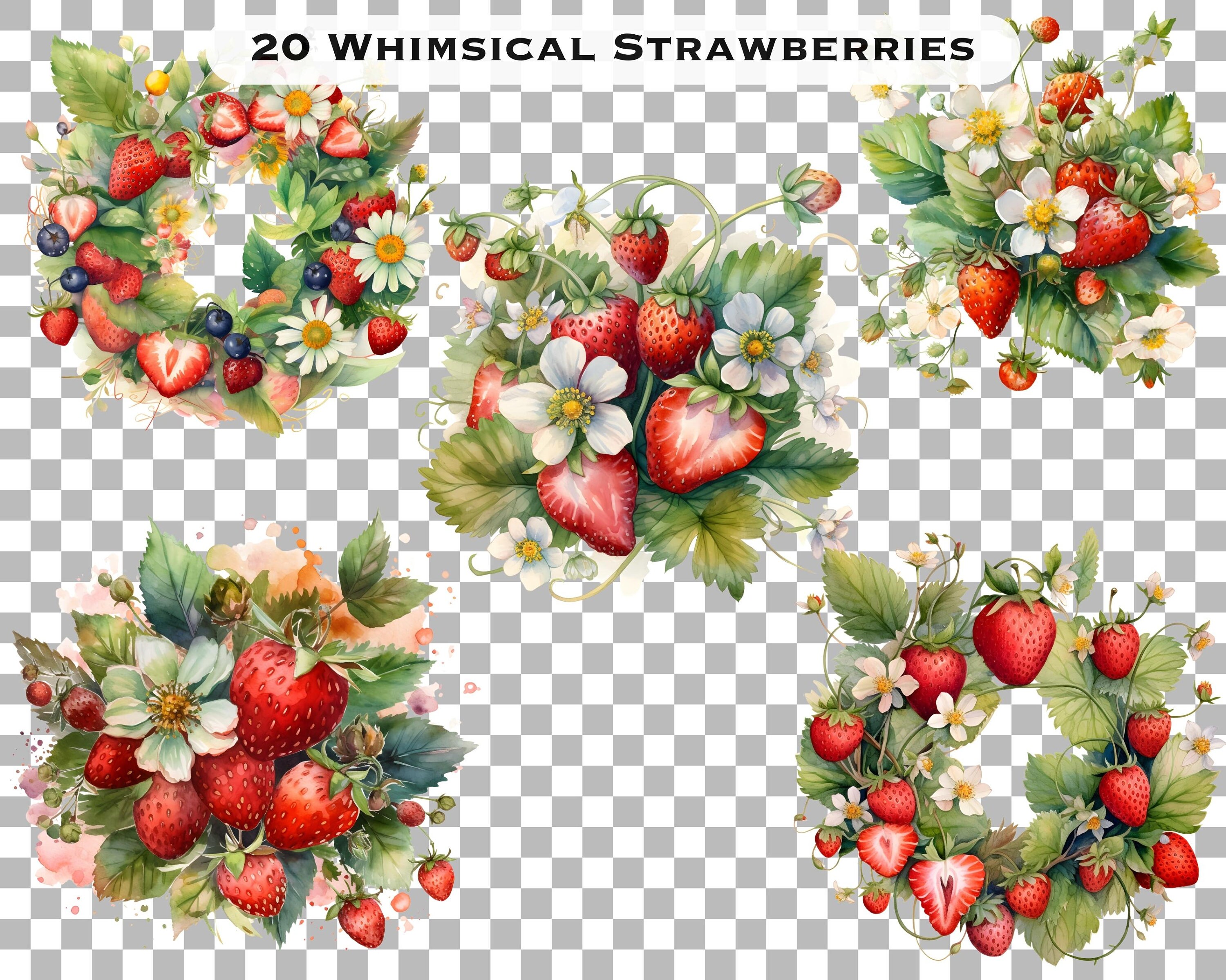 Whimsical Strawberries Watercolor Clipart, Highresolution Strawberry ...