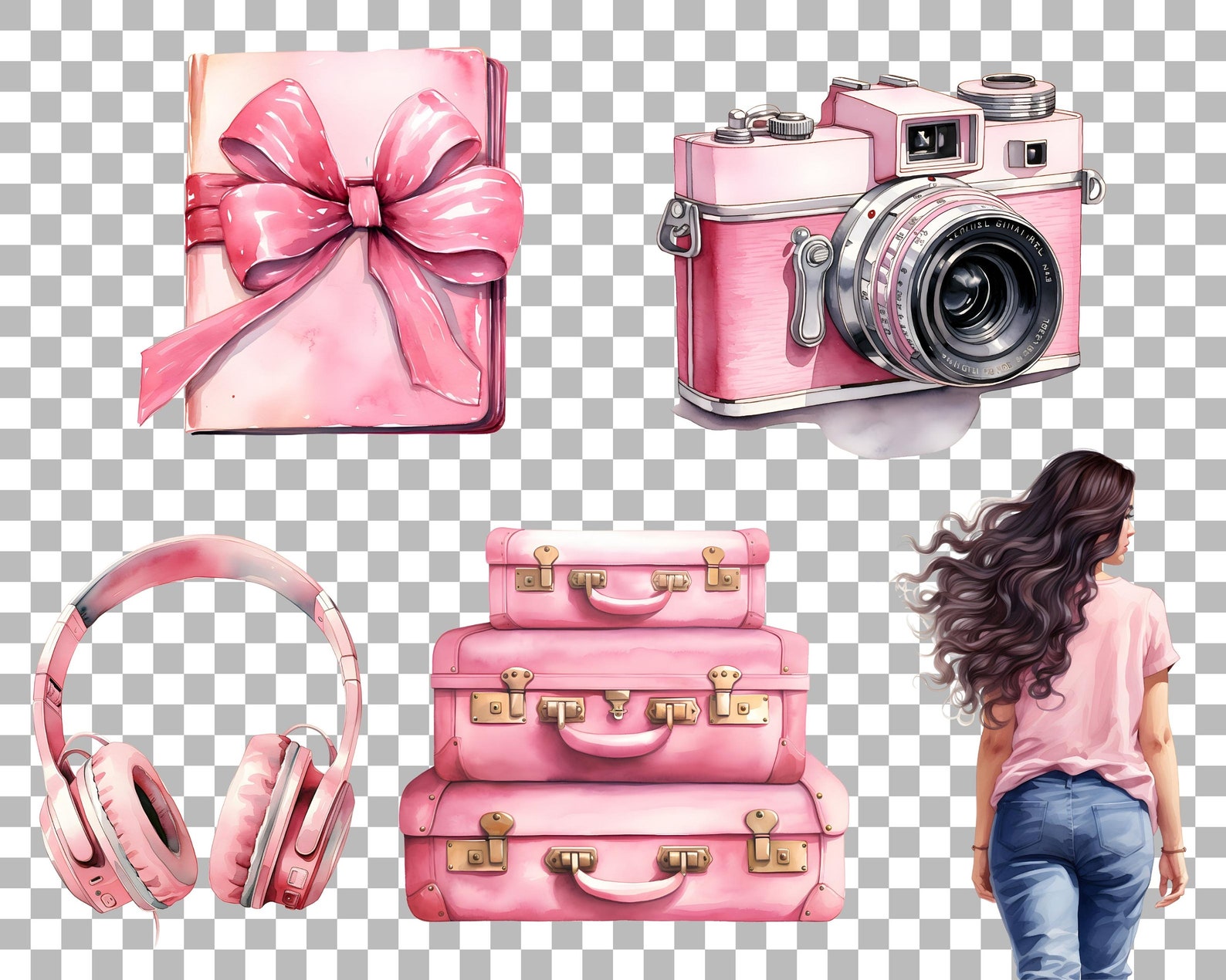 Girls Travel Watercolor Clipart, Pink Girly Travel Watercolor Clipart ...
