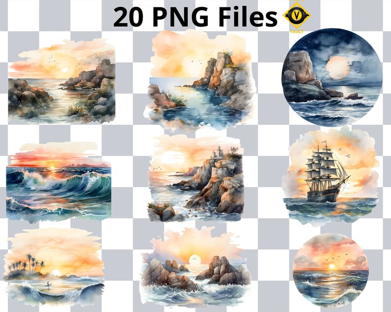 20 PNG Watercolor Ocean Clipart Bundle, Ocean Sunset Illustrations for ...