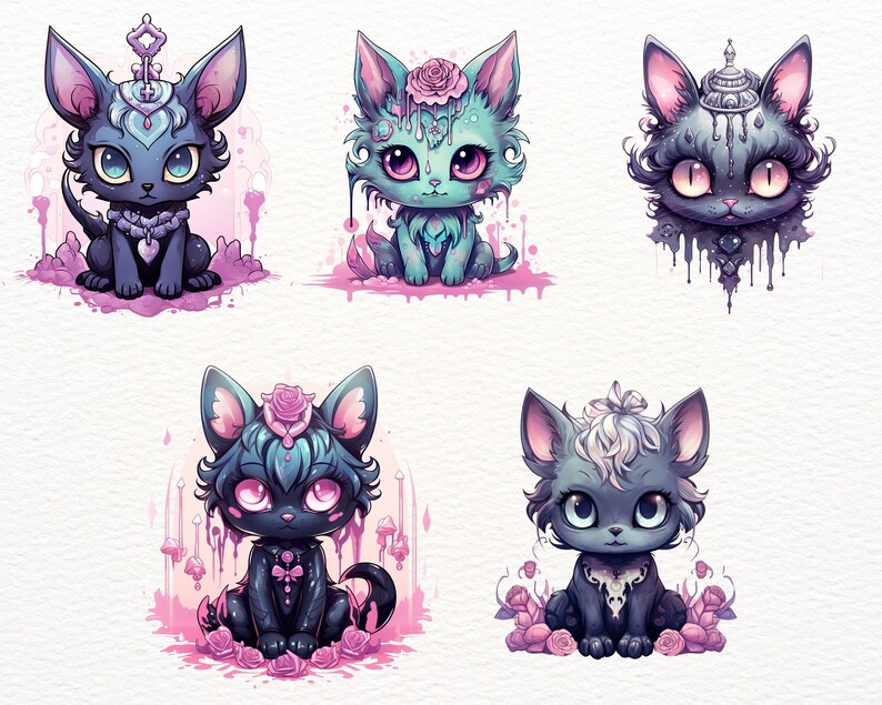 Kawaii Pastel Goth Cat Clipart, Cute Gothic Kitten Illustrations, Dark ...