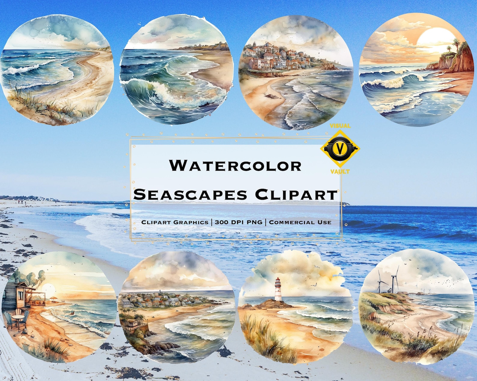 Watercolor Seascape Clipart, Coast View Clipart, Seaside Watercolor ...