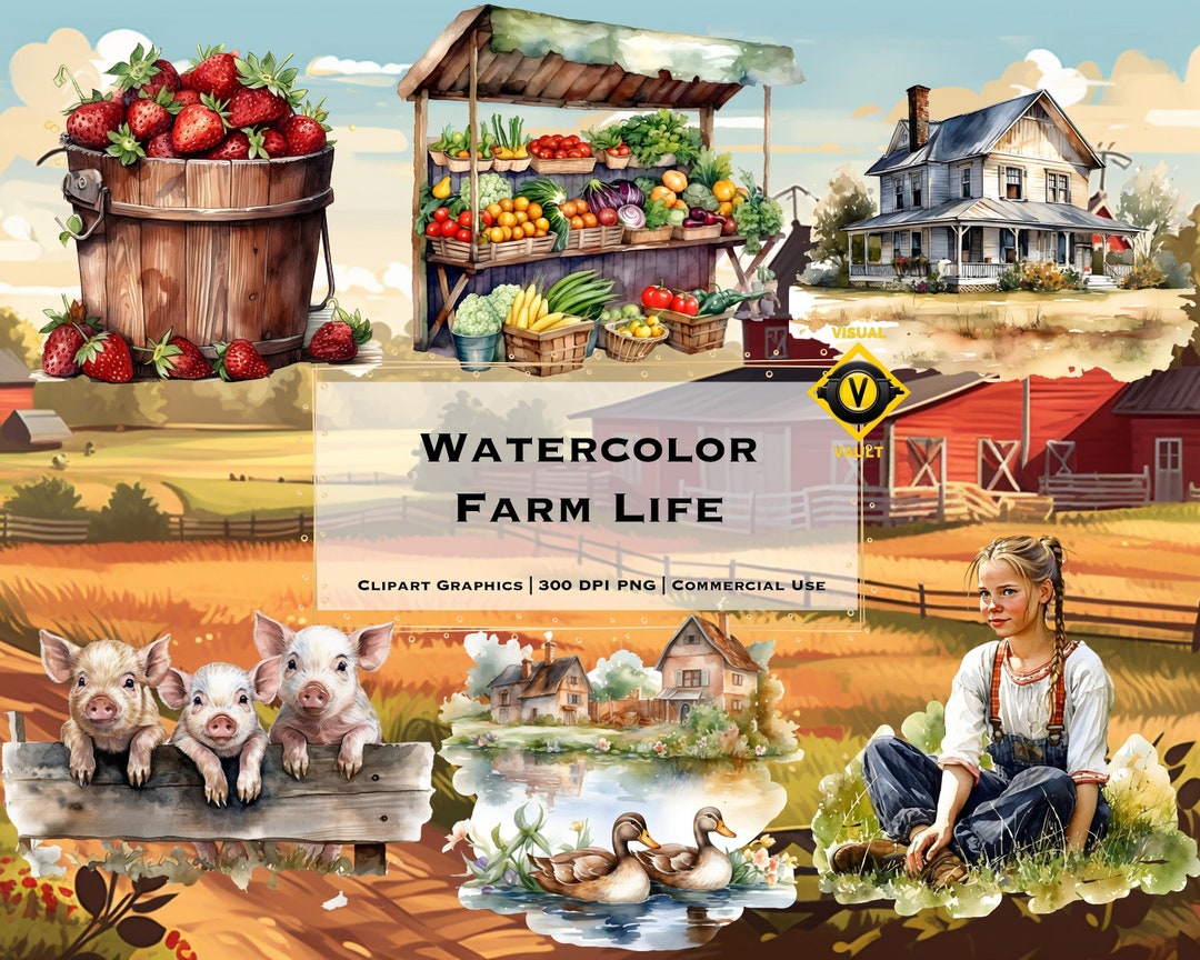 Farm Life Clipart Bundle, Farm Life Watercolor Clipart, Farm Animals ...