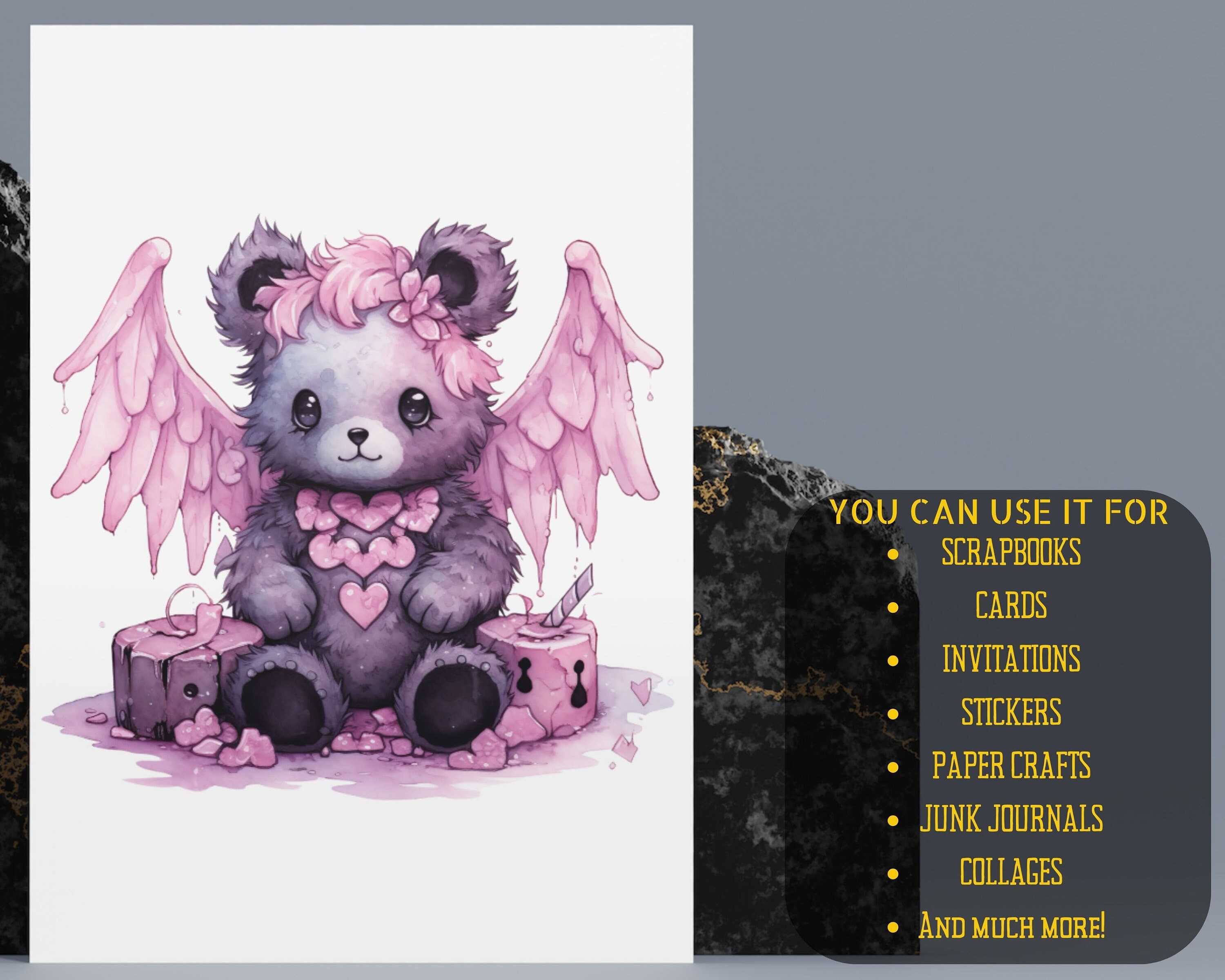 Kawaii Pastel Goth Teddy Bear Clipart, Cute Dark Fantasy Bears, Angel ...