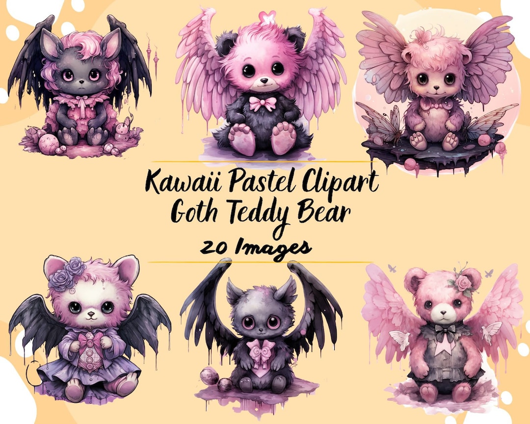 Kawaii Pastel Goth Teddy Bear Clipart, Cute Dark Fantasy Bears, Angel Winged Bear Illustrations ...