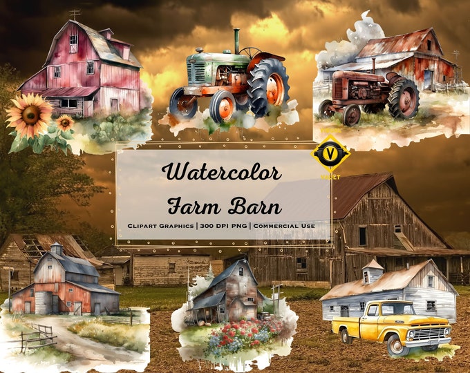 Watercolor Rustic Farm Barns Clipart PNG Sublimation Bundle Watercolour ...