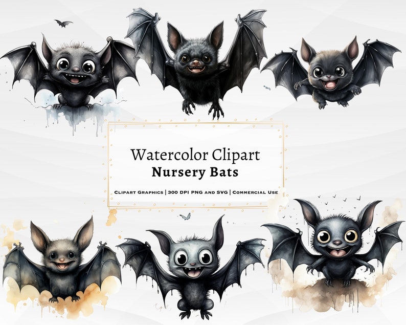 Bats Watercolor Clipart, Halloween Decoration Watercolor Clipart, Baby ...