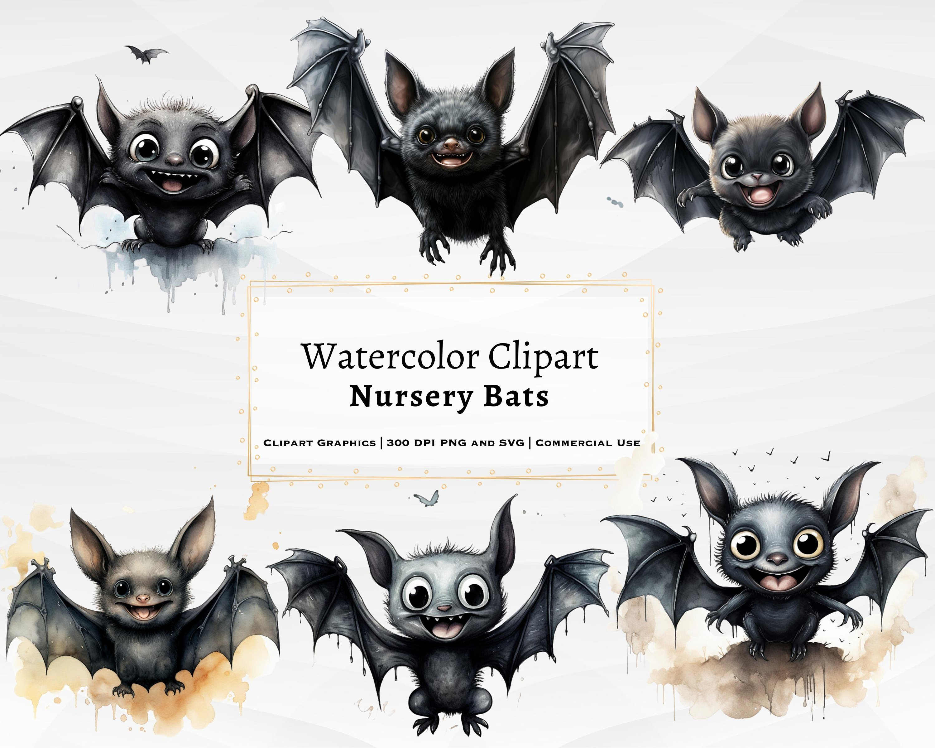 Bats Watercolor Clipart, Halloween Decoration Watercolor Clipart, Baby ...