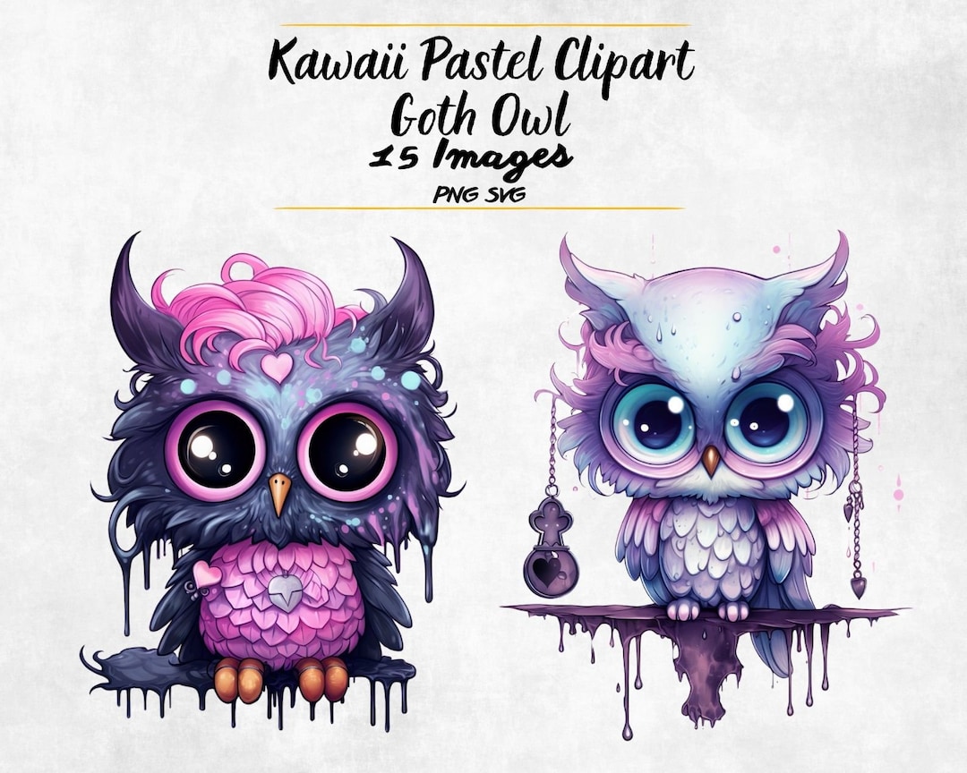 Kawaii Pastel Goth Owl Clipart - Cute Emo Owls Digital Art, Whimsical Fantasy PNG, Magic Night ...