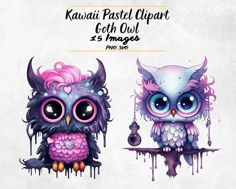Kawaii Pastel Goth Owl Clipart - Cute Emo Owls Digital Art, Whimsical ...