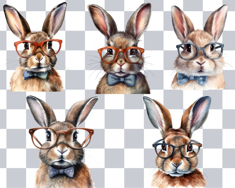 Watercolor Bunny Face Clipart Bundle, Funny Rabbit in Glasses Animal ...