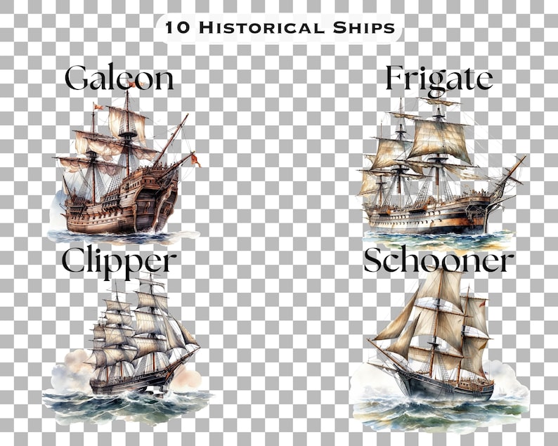 10 Images Historical Watercolor Ships Clipart, Retro Ships PNG and ...