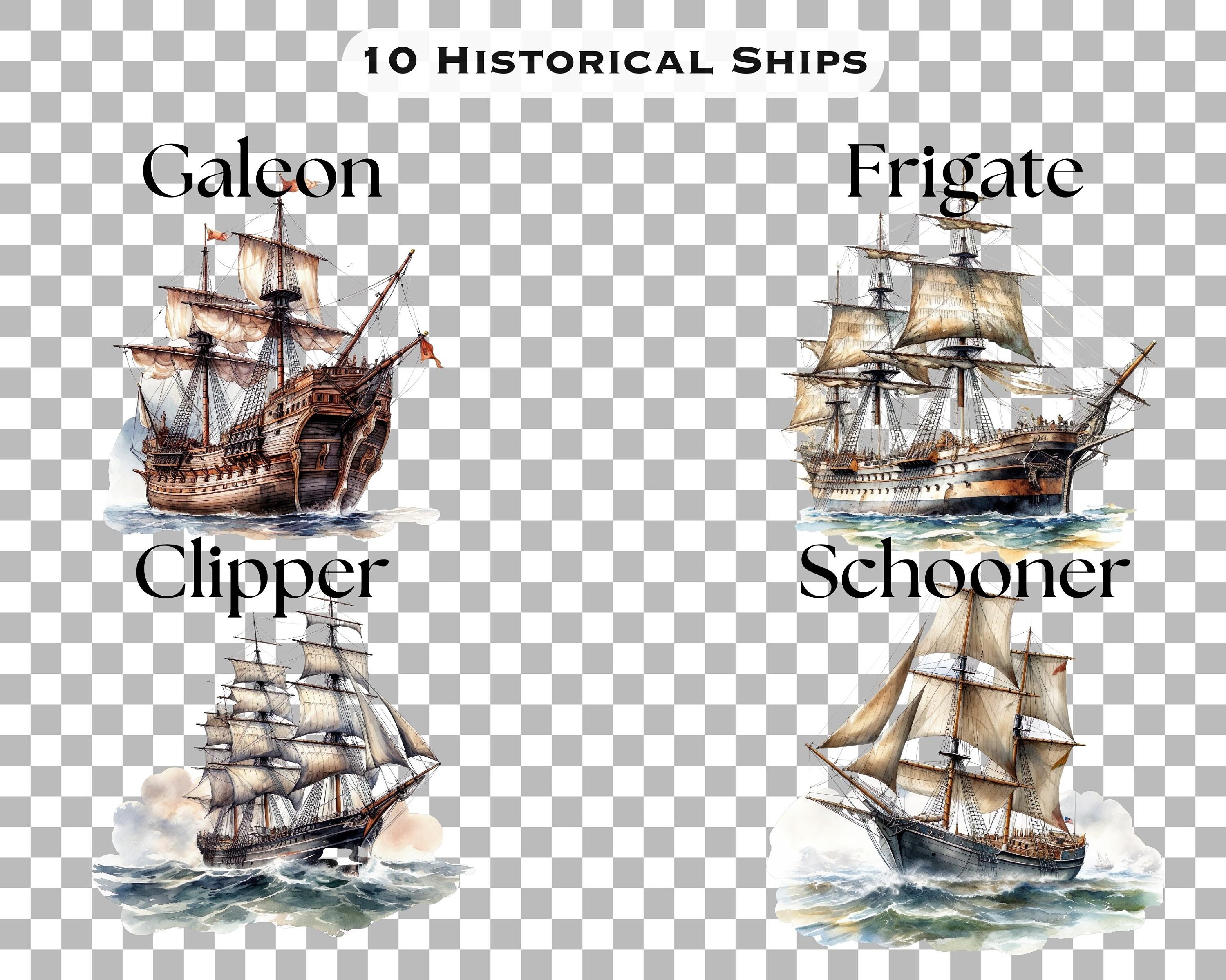 10 Images Historical Watercolor Ships Clipart, Retro Ships PNG and ...