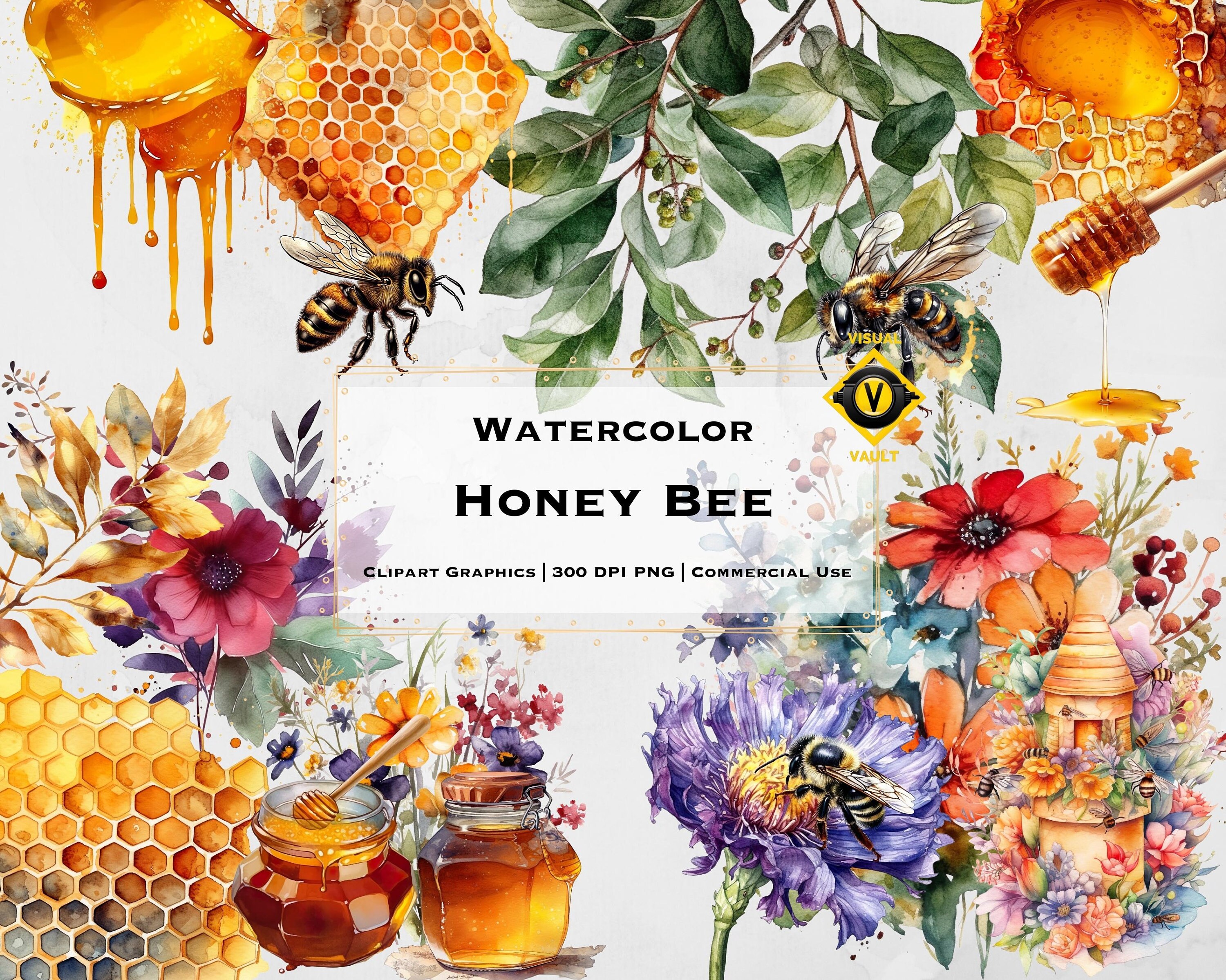 Watercolor Honey Bee Clipart, Honey Drips Clipart, Spring Floral and ...
