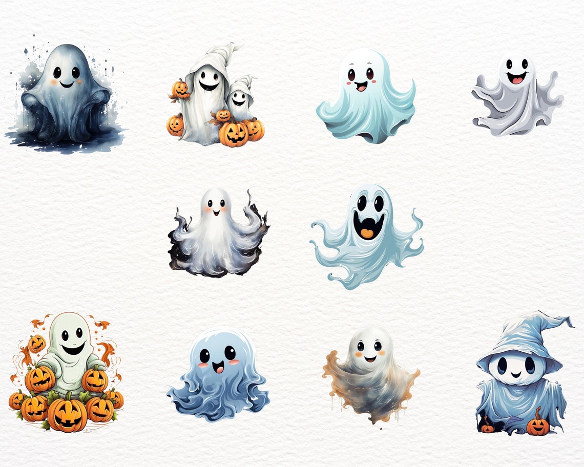 Cute Ghosts Watercolor Clipart, Spooky Ghosts Watercolor Clipart ...