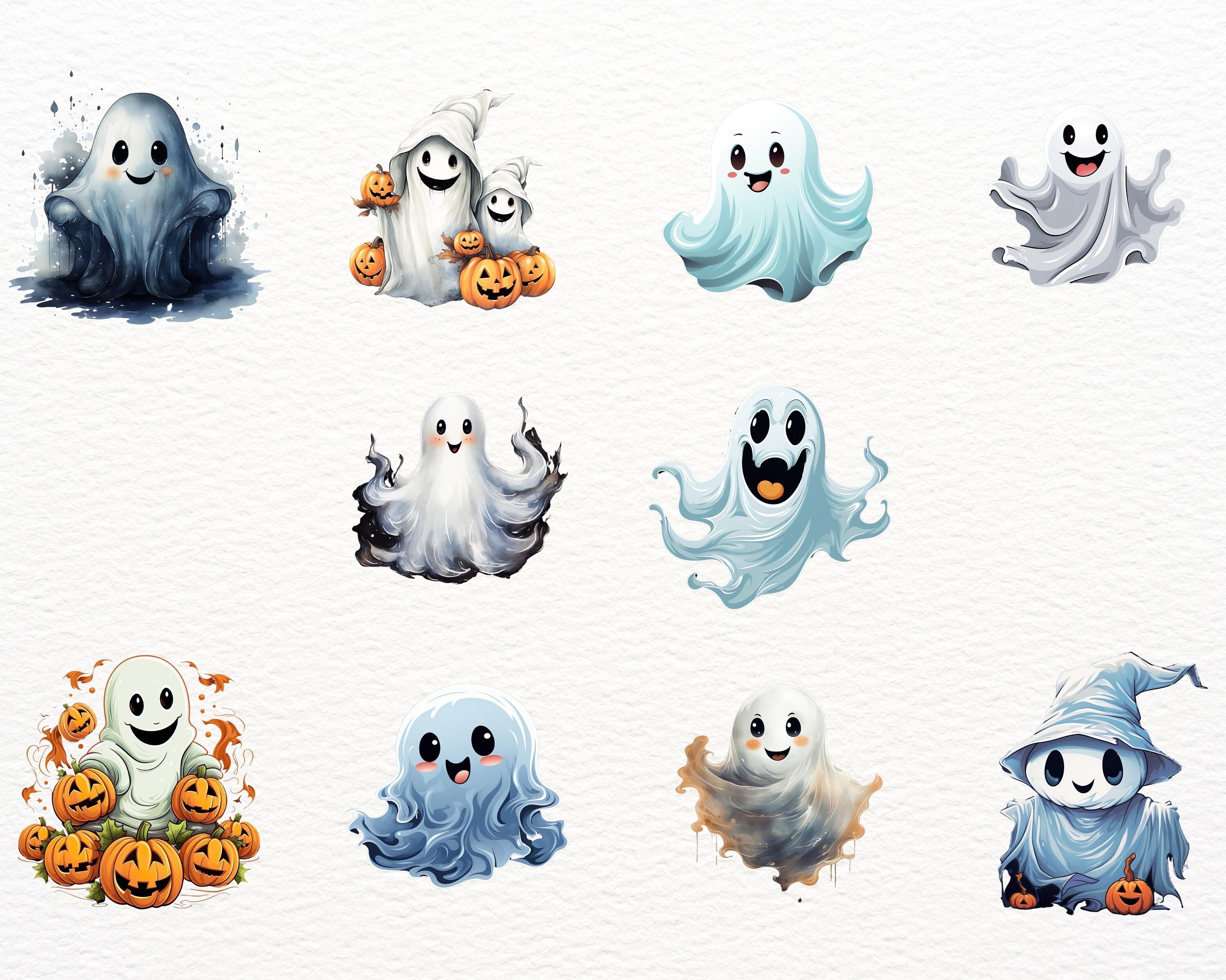 Cute Ghosts Watercolor Clipart, Spooky Ghosts Watercolor Clipart ...