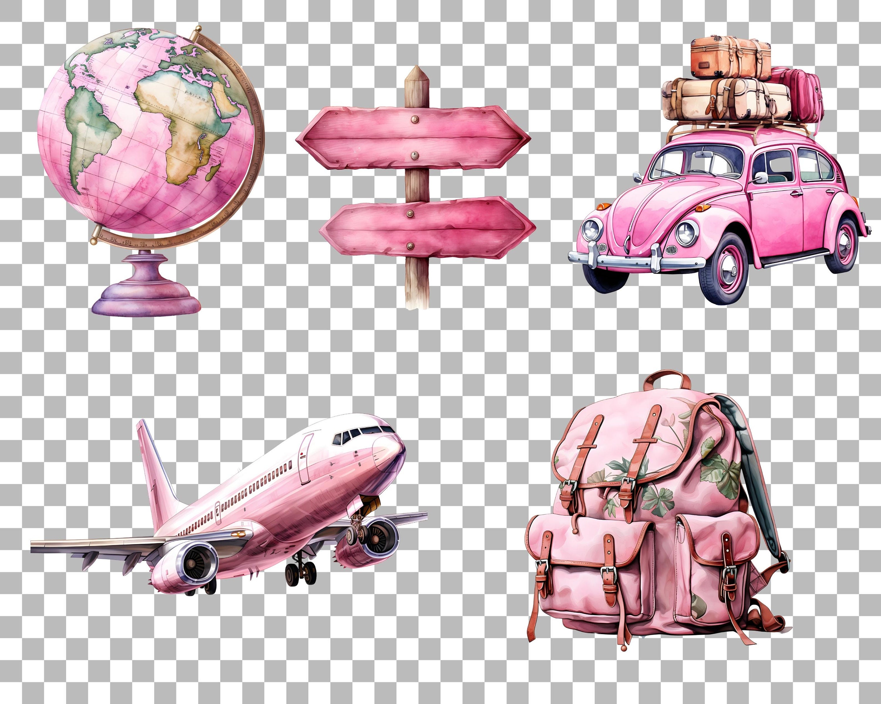Girls Travel Watercolor Clipart, Pink Girly Travel Watercolor Clipart ...