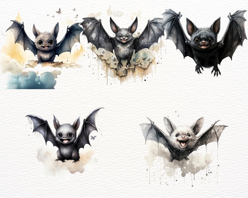 Bats Watercolor Clipart, Halloween Decoration Watercolor Clipart, Baby ...