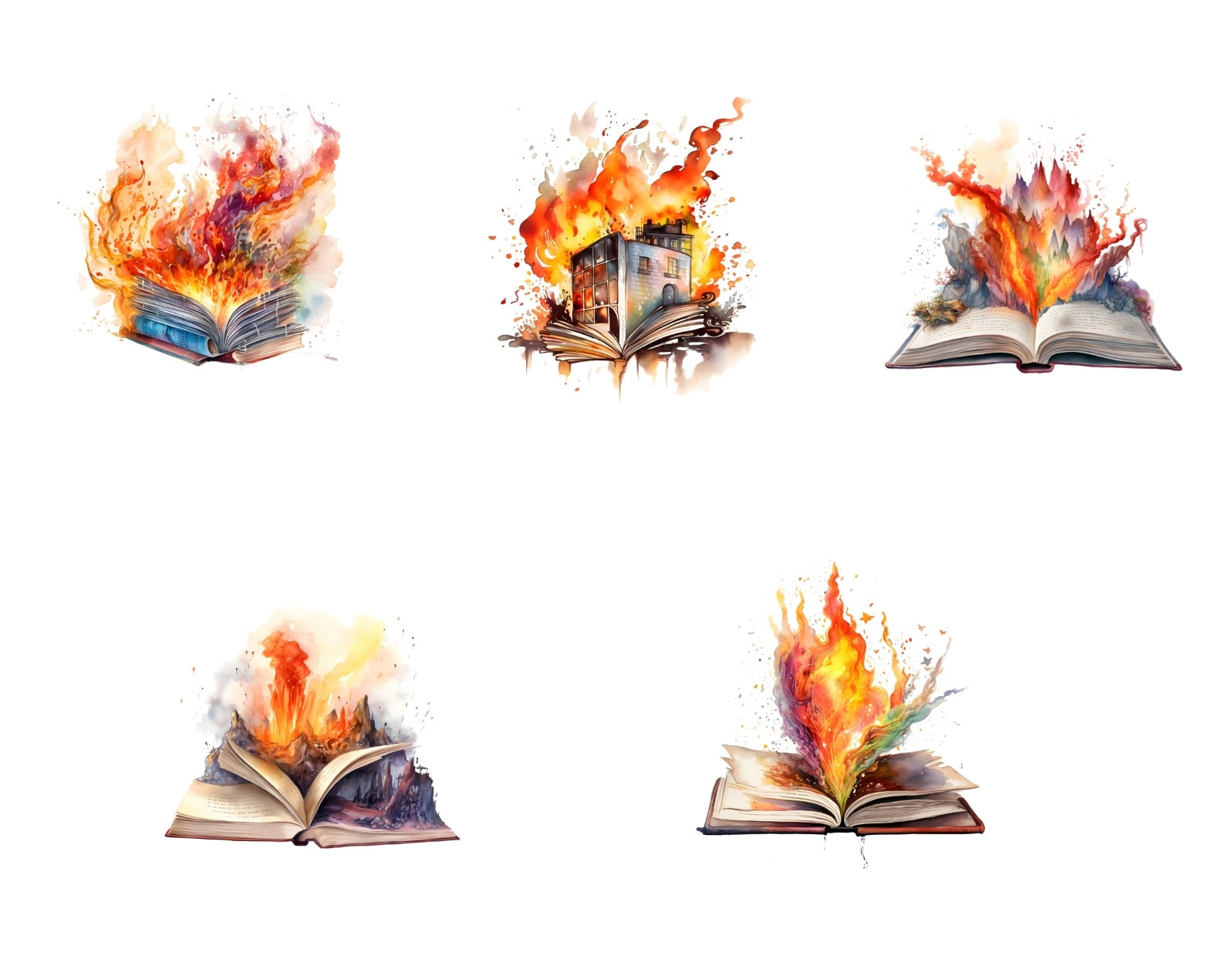 20 PNG Burning Books Fantasy Clipart Bundle, Open Magic Books on Fire ...