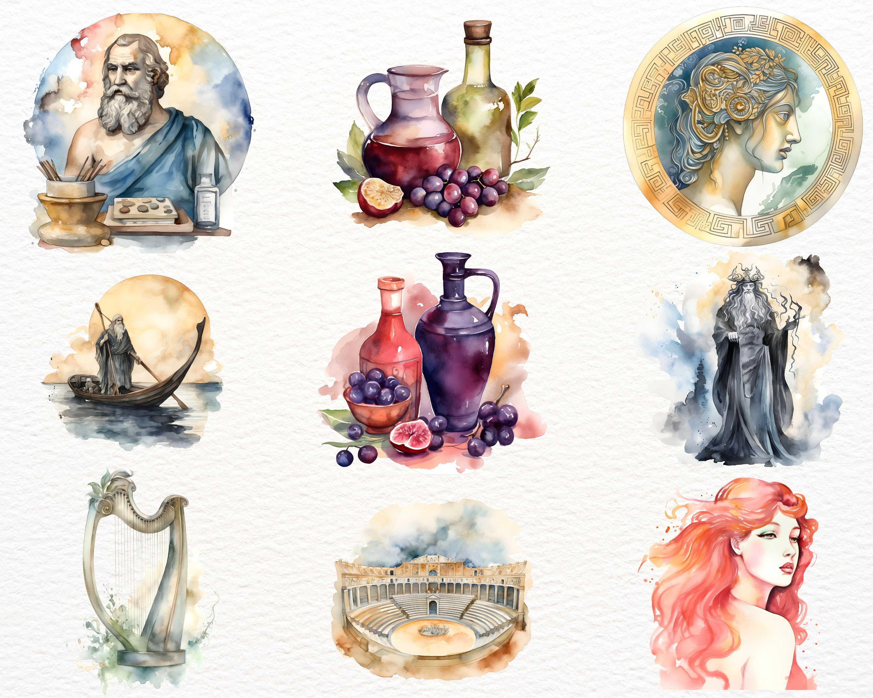 Watercolor Ancient Greece Clipart Bundle, 40 Images Hellenistic PNG ...