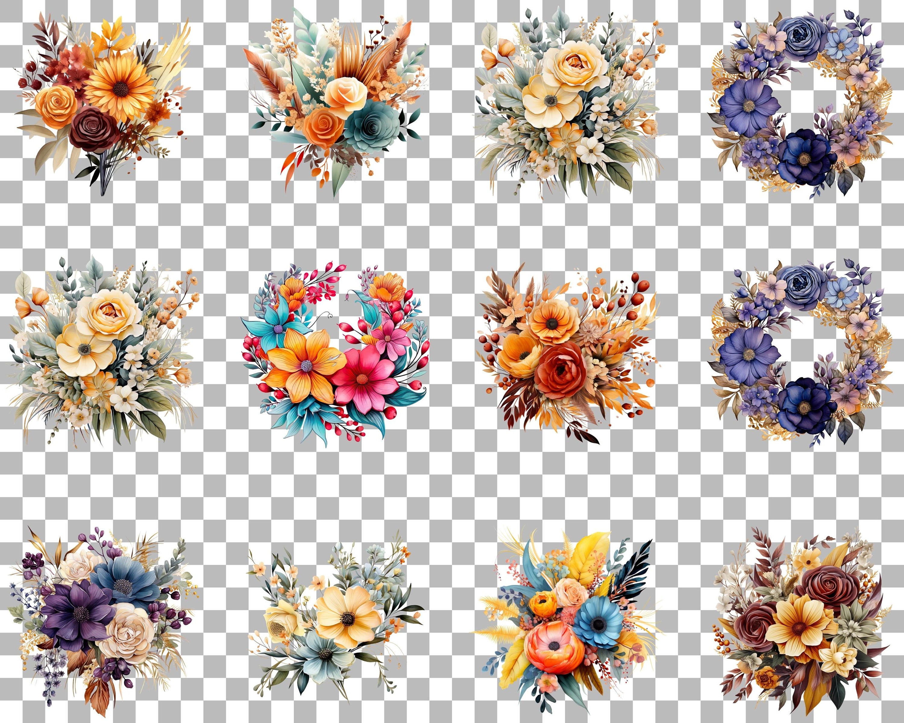 Colorful Boho Flowers Watercolor Clipart, Boho Flowers PNG, Watercolor ...
