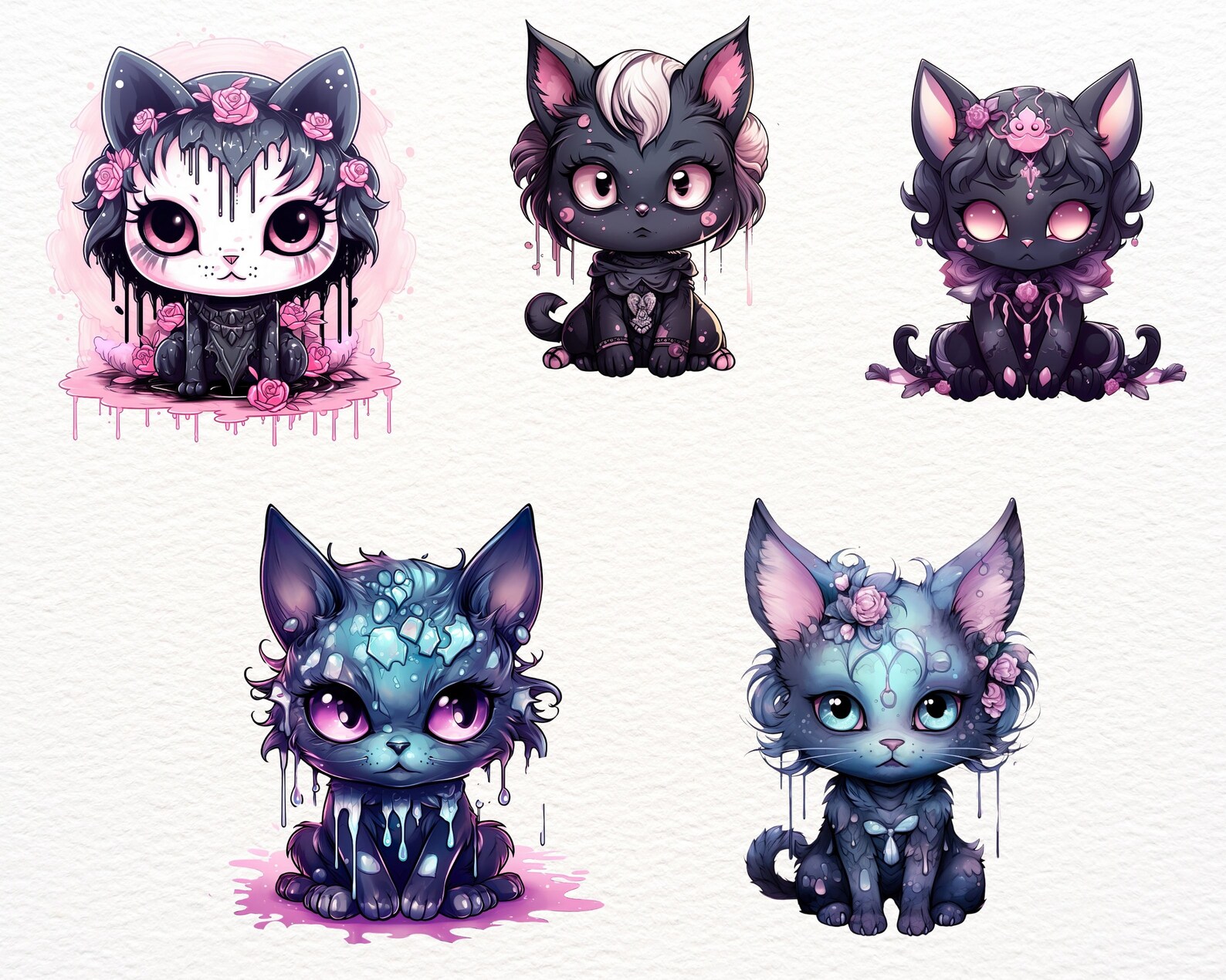 Kawaii Pastel Goth Cat Clipart, Cute Gothic Kitten Illustrations, Dark ...