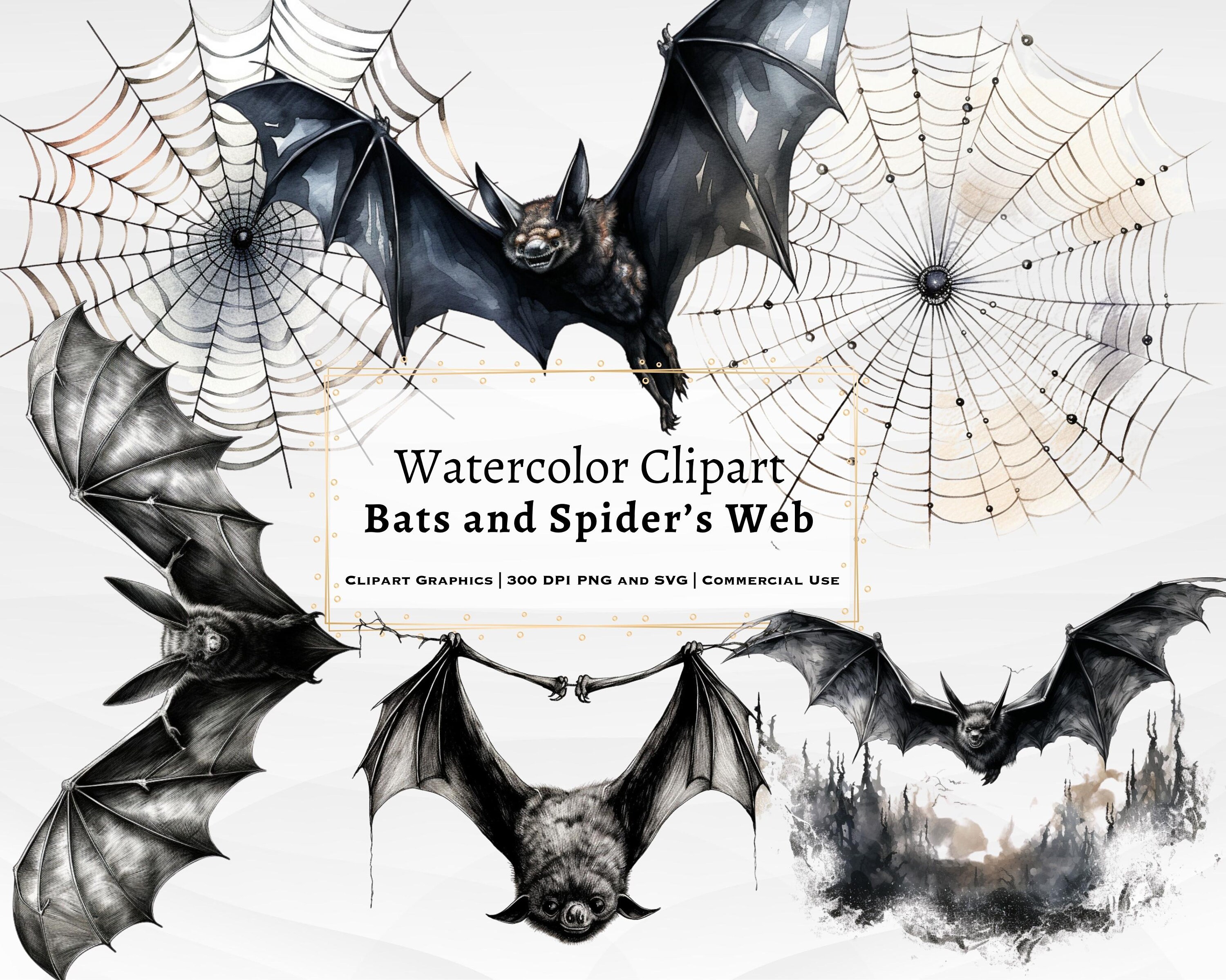 Bats Watercolor Clipart Spiders Web Watercolor Clipart - Etsy