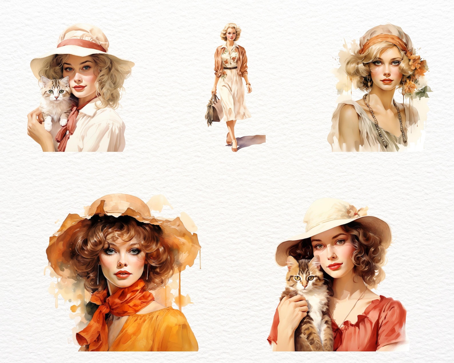 Vintage Ladies Watercolor Clipart, Vintage Woman Watercolor Clipart ...