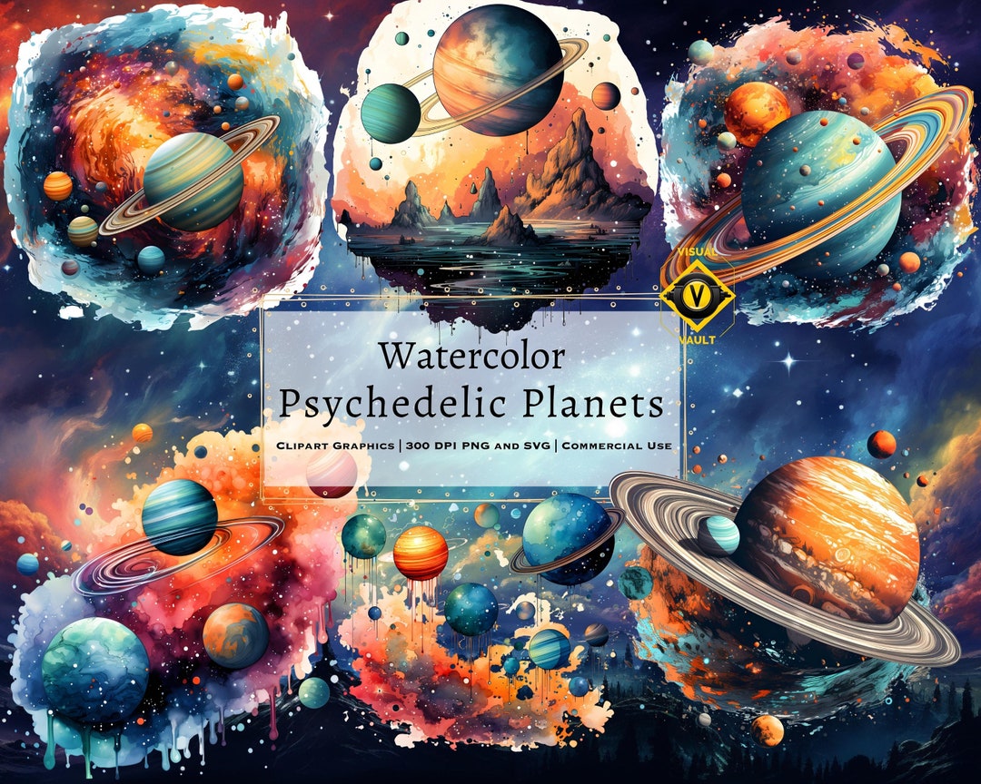Watercolor Psychedelic Planets, Planets Watercolor Clipart, Space ...
