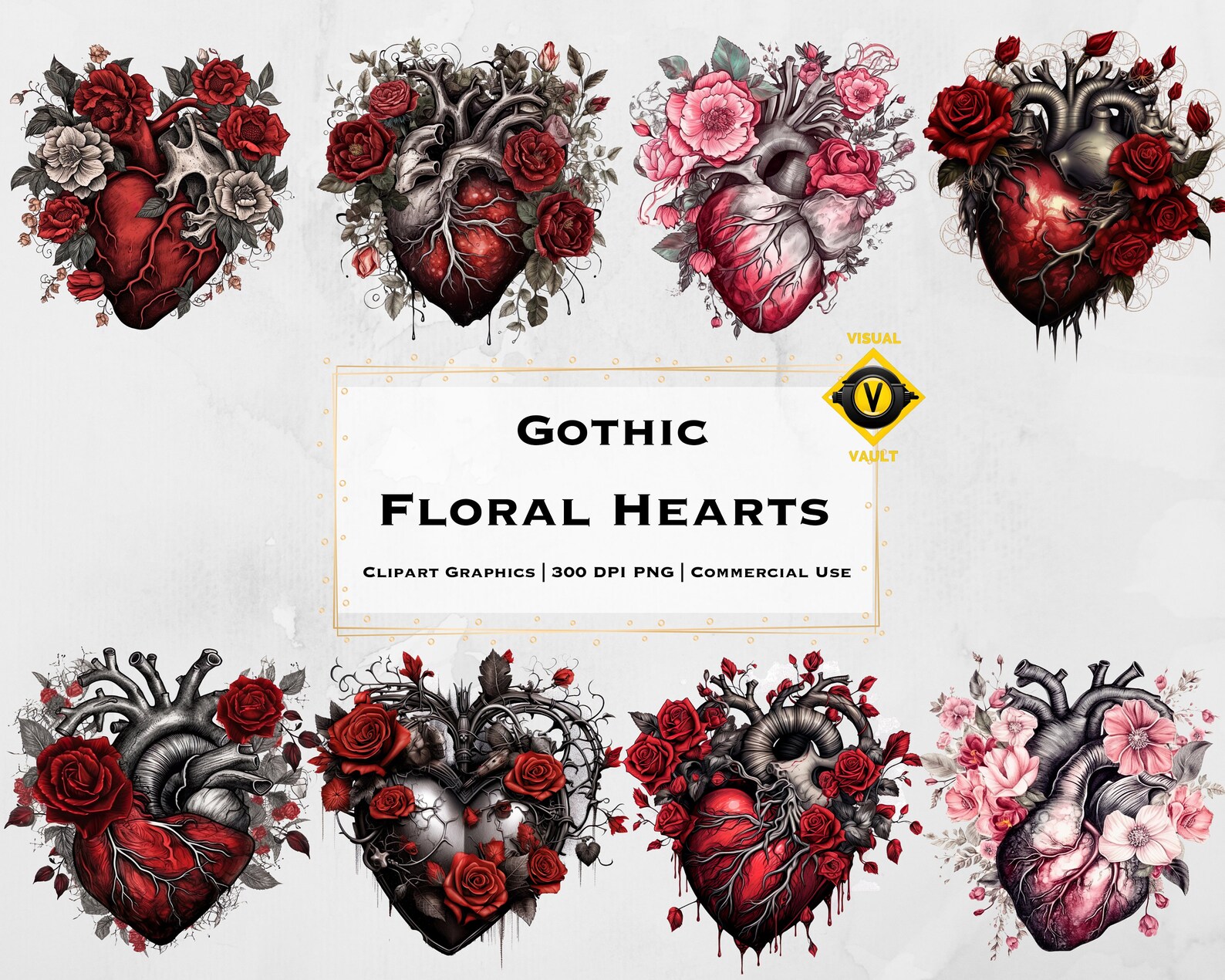 Gothic Floral Hearts Clipart, Anatomical Floral Heart Clipart, Creepy ...