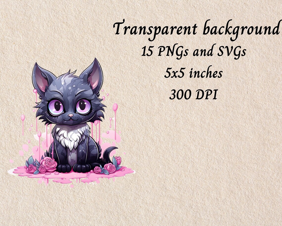 Kawaii Pastel Goth Cat Clipart, Cute Gothic Kitten Illustrations, Dark ...