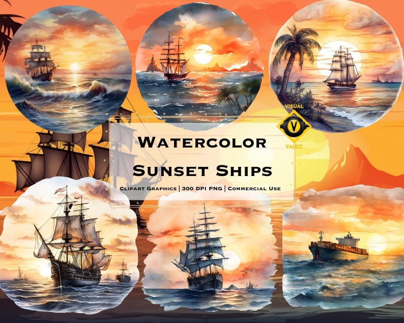 Watercolor Ships Clipart, Digital Graphics, Ocean Landscape, Ship ...