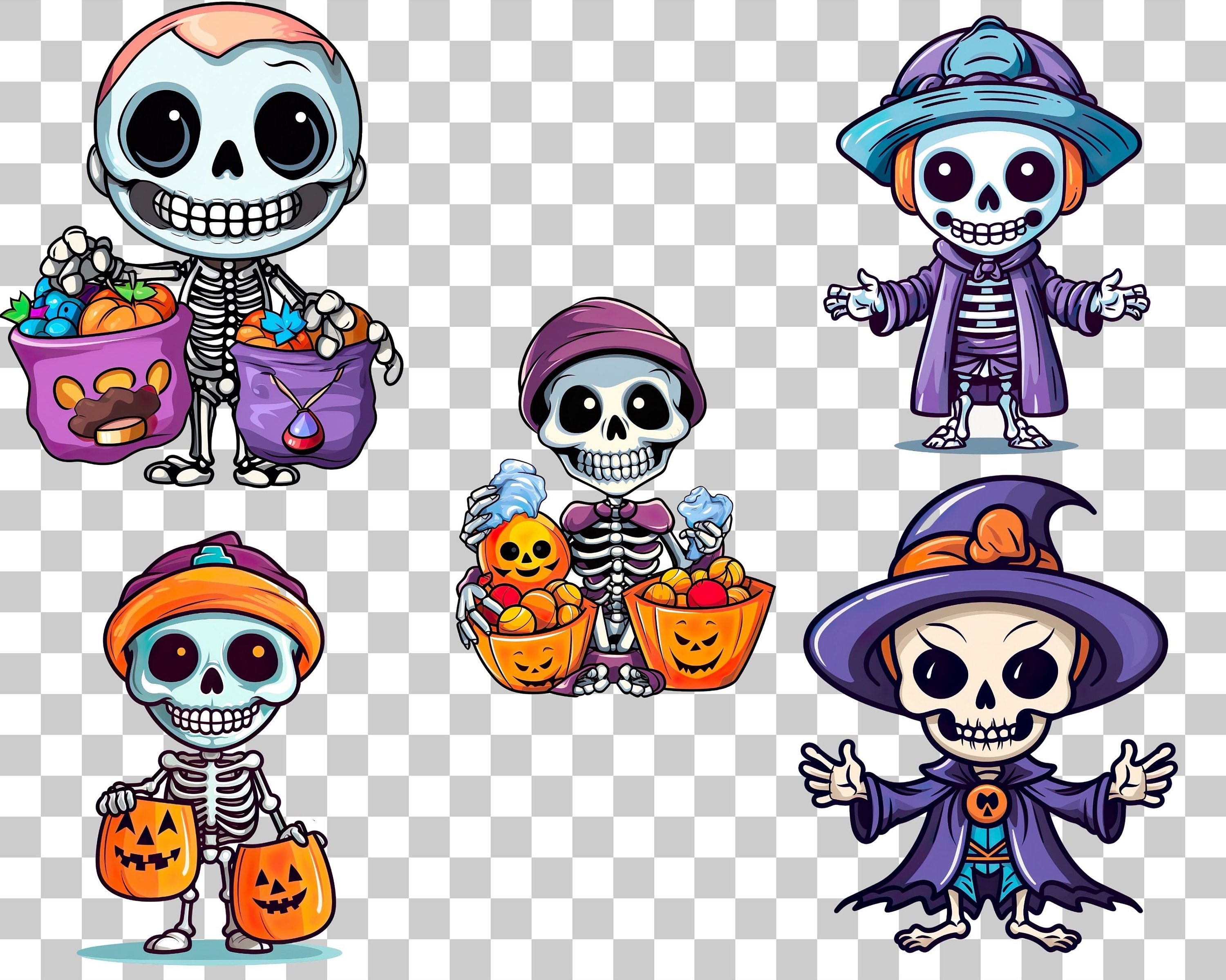 Skeletons Clipart, Halloween Skeletons Bundle, Colorful Skeletons ...